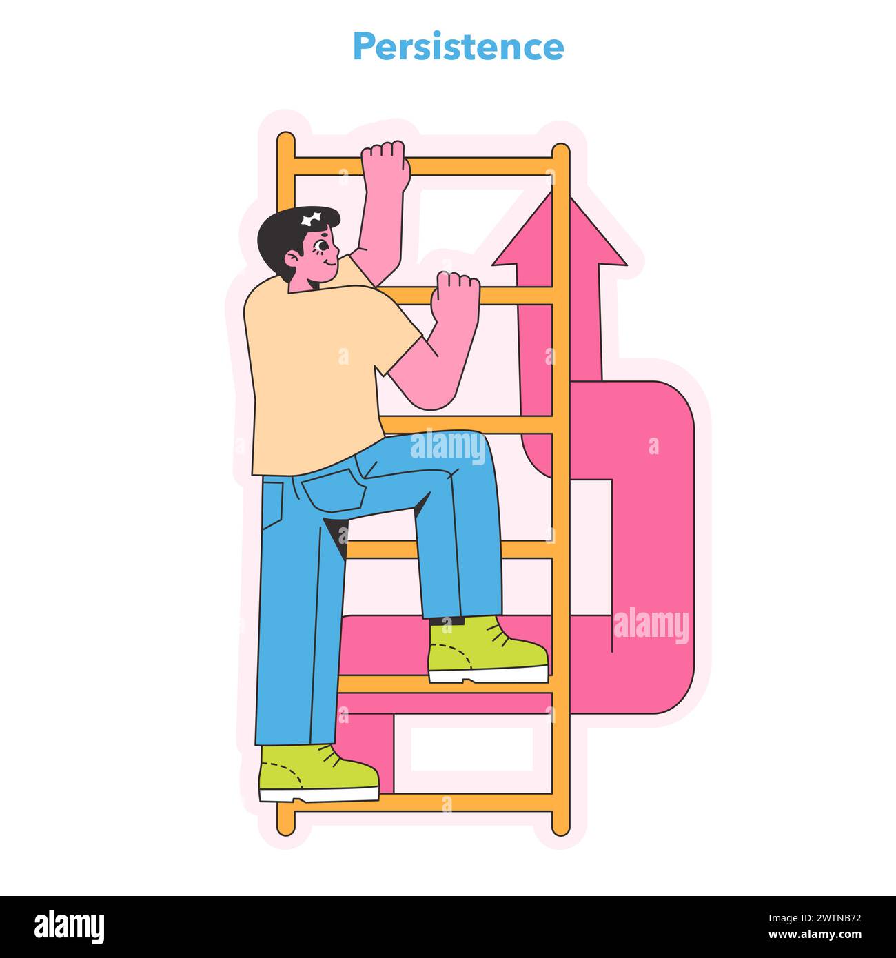 Persistence concept. Man climbs abstract graph, reaching goals against odds. Effort and ...