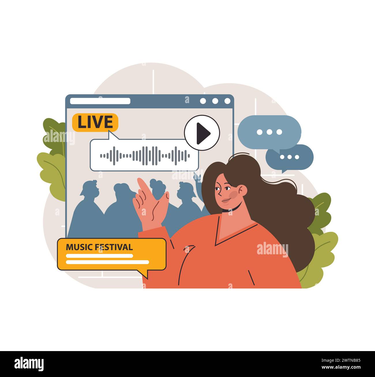 Young woman interacting with a live music festival streaming on her ...