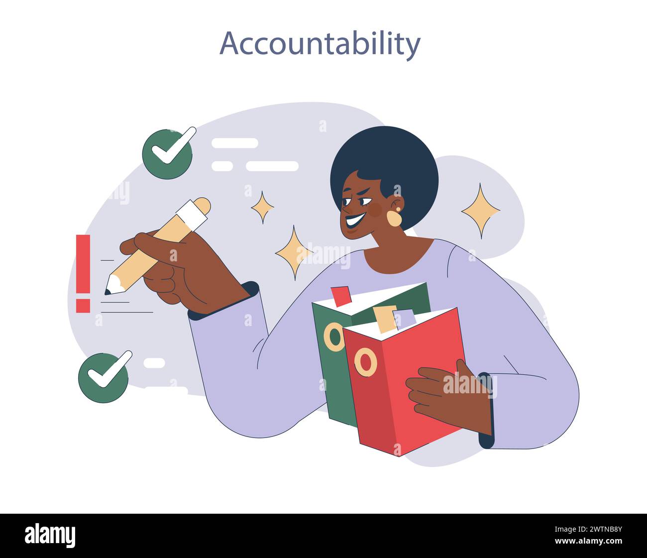 Accountability. Illustration of a committed individual with documents, emphasizing ...