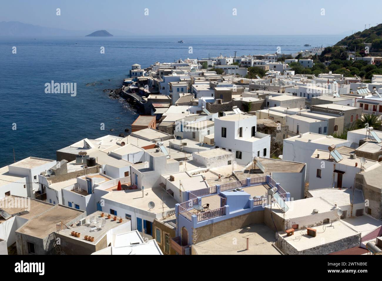 Morning panoramic view of Mandraki village, a beautiful, traditional ...