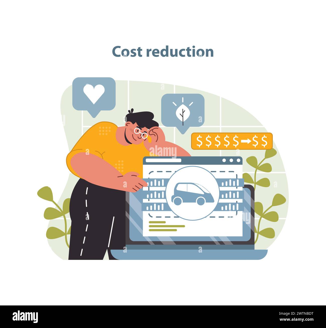 Electric Car Cost Reduction Illustration. A vibrant vector depicting ...