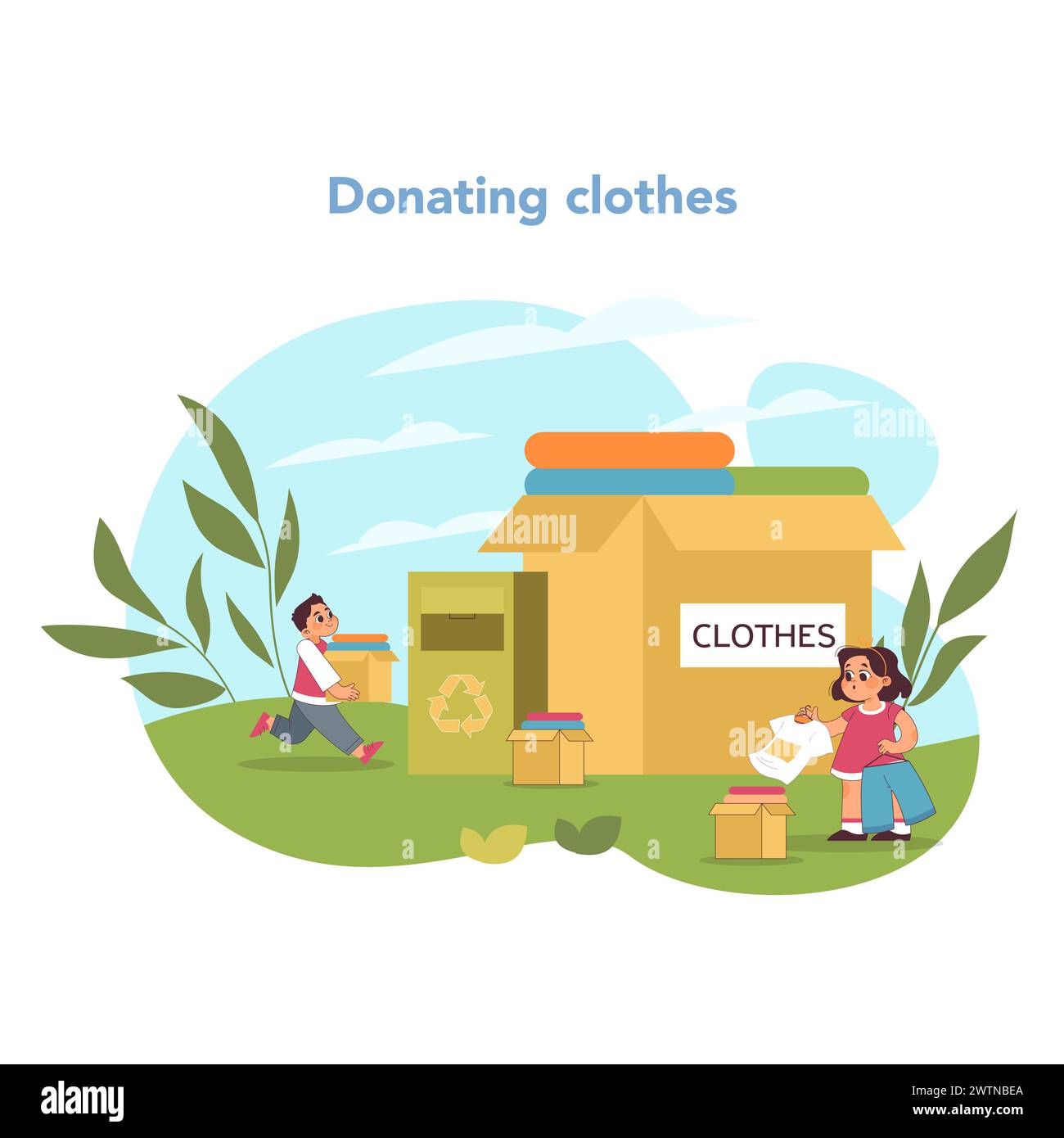 Apparel generosity concept. Active young volunteers collecting and ...