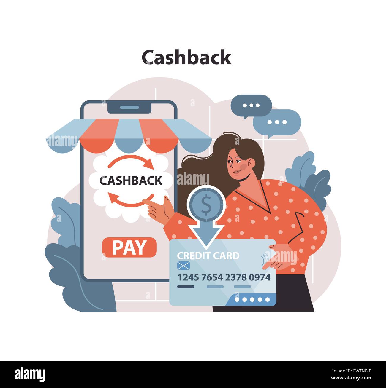 Cashback concept. Woman showcasing easy rewards through mobile payment. Credit card transactions ...