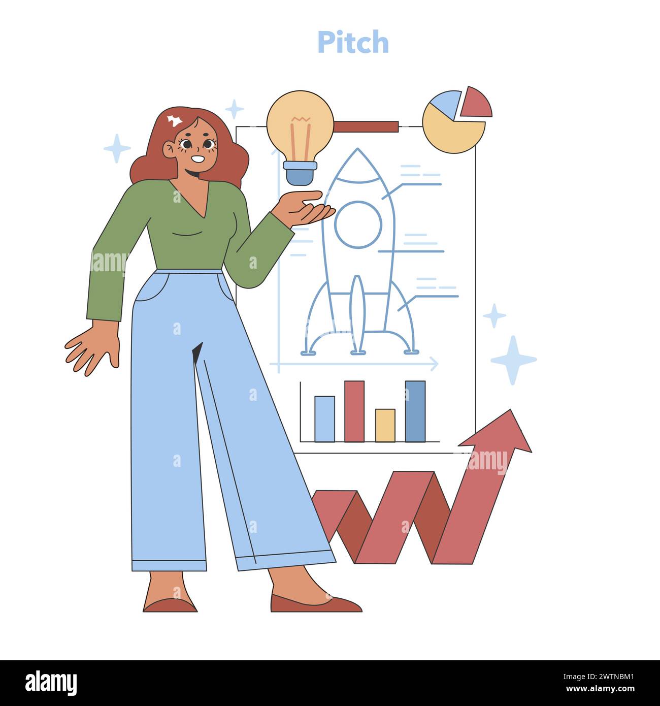 Pitch concept. Confident female entrepreneur presents a business plan ...