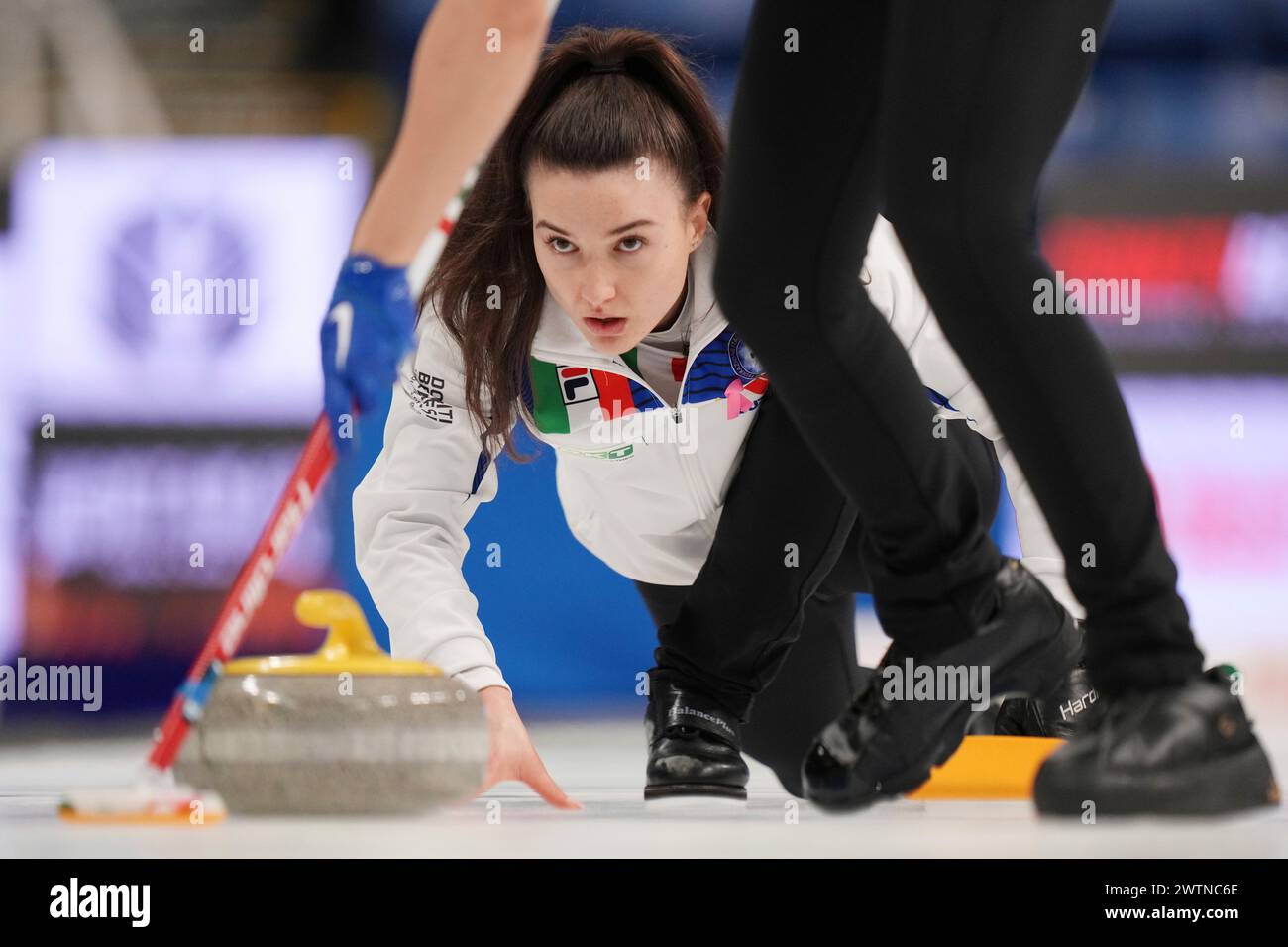 Italy skip Stefania Constantini delivers a stone against the United ...