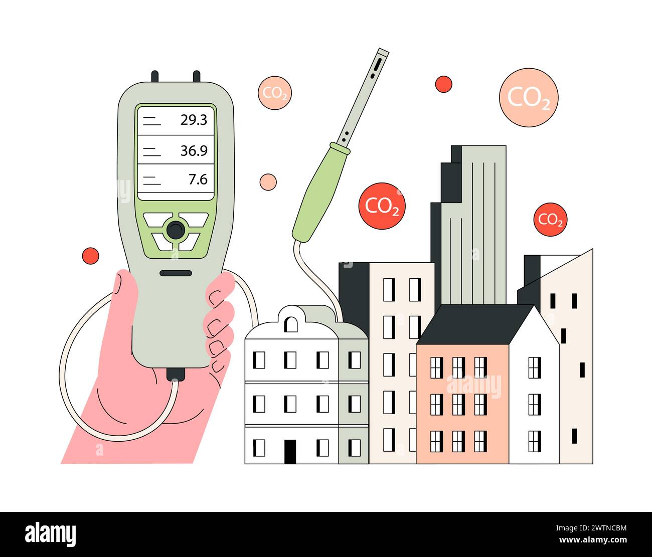 Air quality index. Handheld device measures urban CO2 levels. Air ...