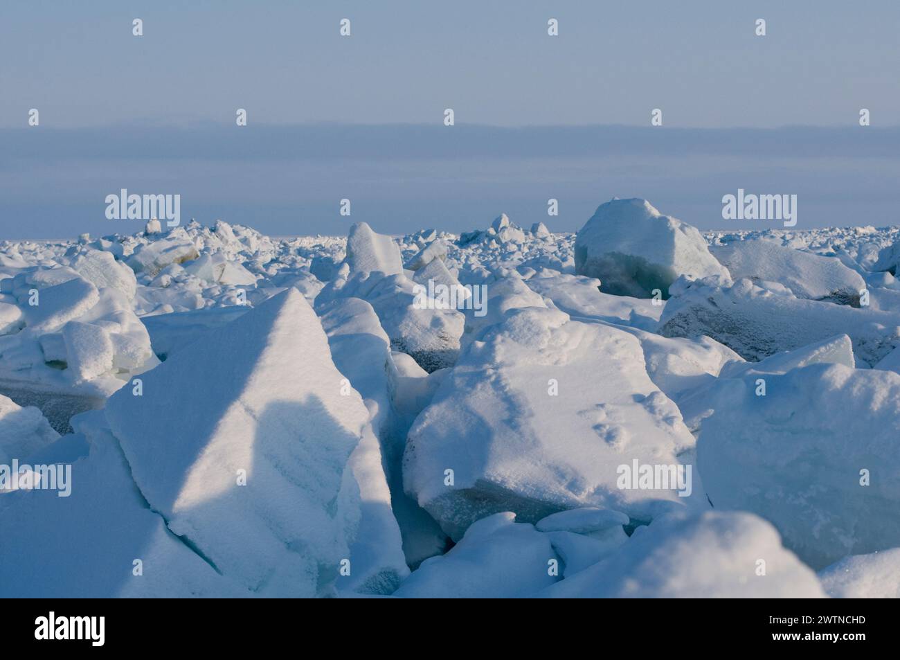 Seascape of rough pack ice over the Chukchi sea in springtime, off ...