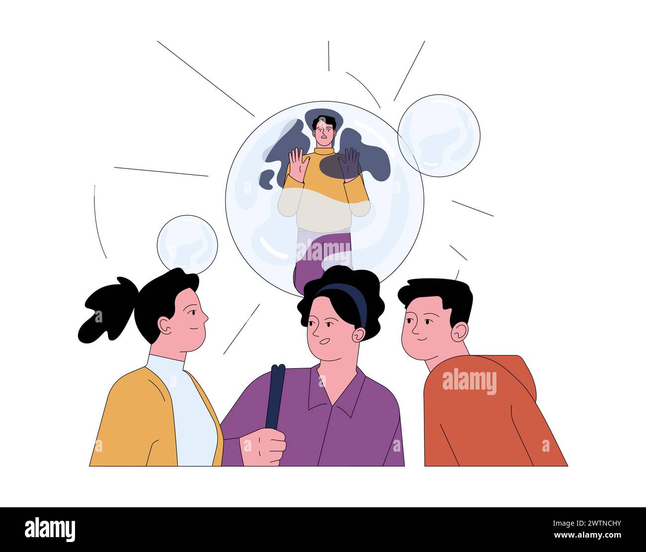 Fear of loneliness. Frightened young man drifting away from his friends ...