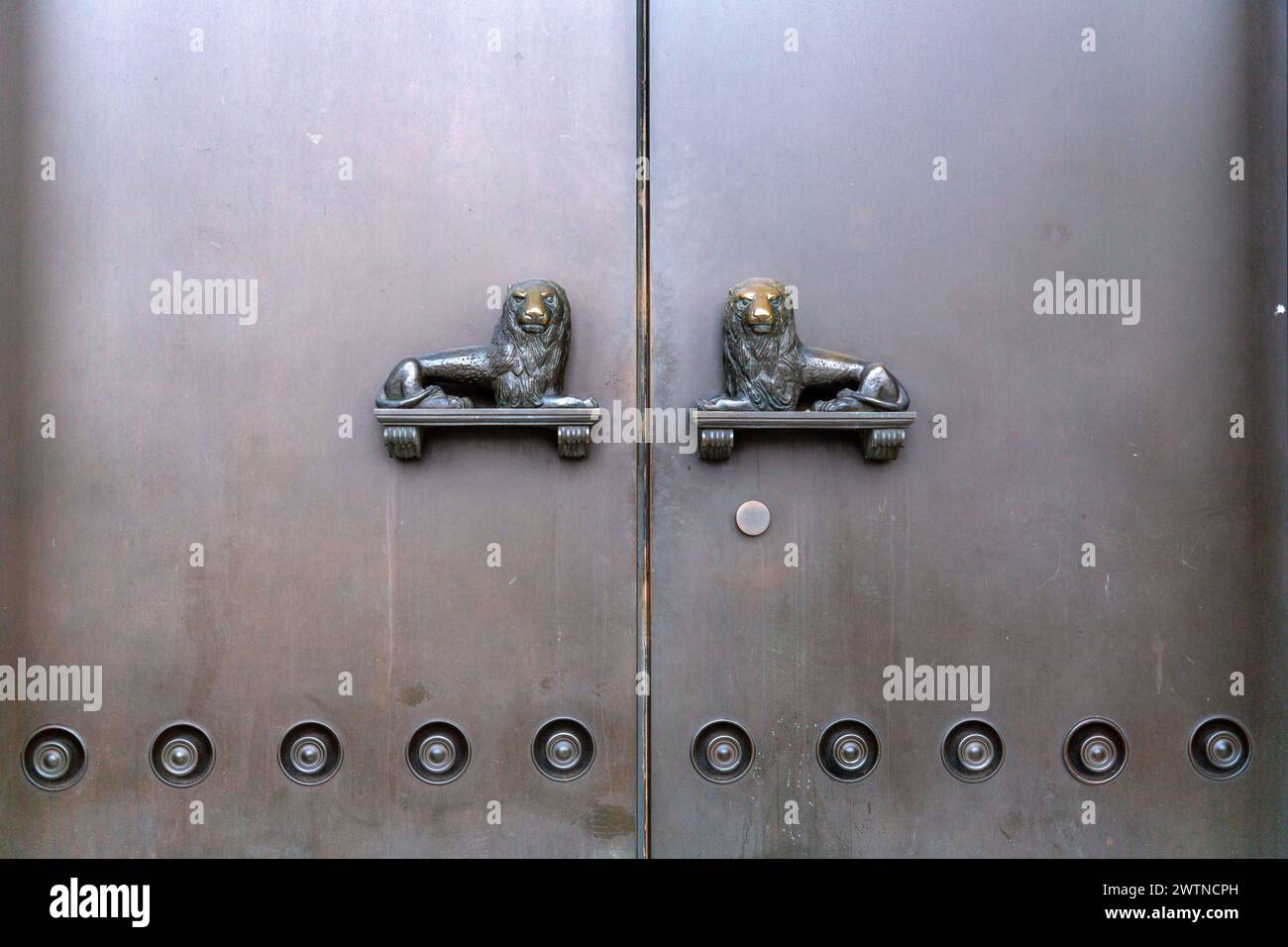 European architectural detail with lion head, decorative gate relief on ...