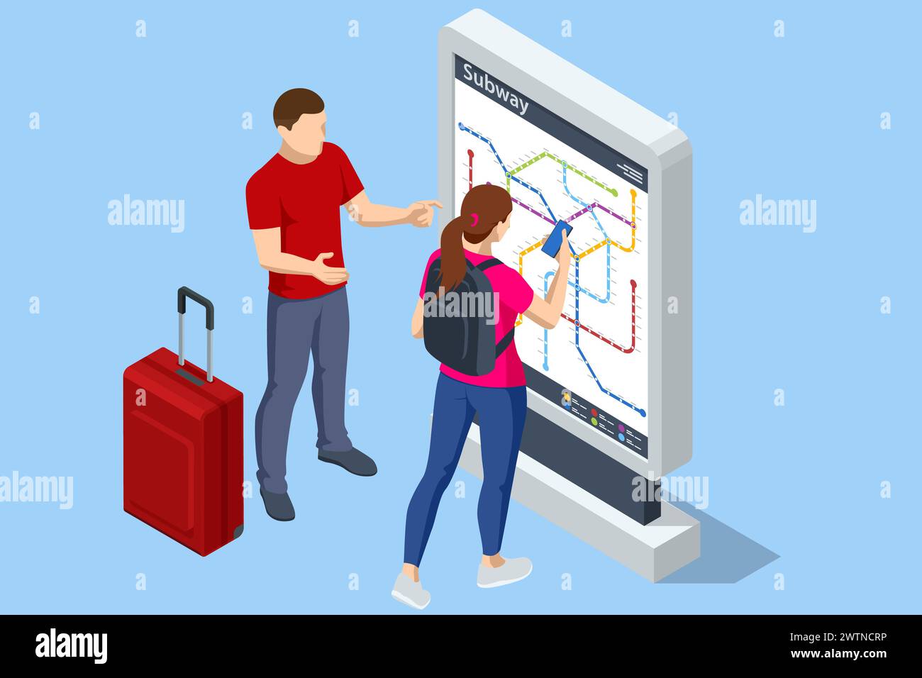 Isometric passengers looking at the metro map, metro or subway map ...