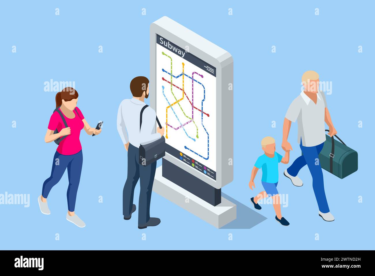 Isometric passengers looking at the metro map, metro or subway map ...