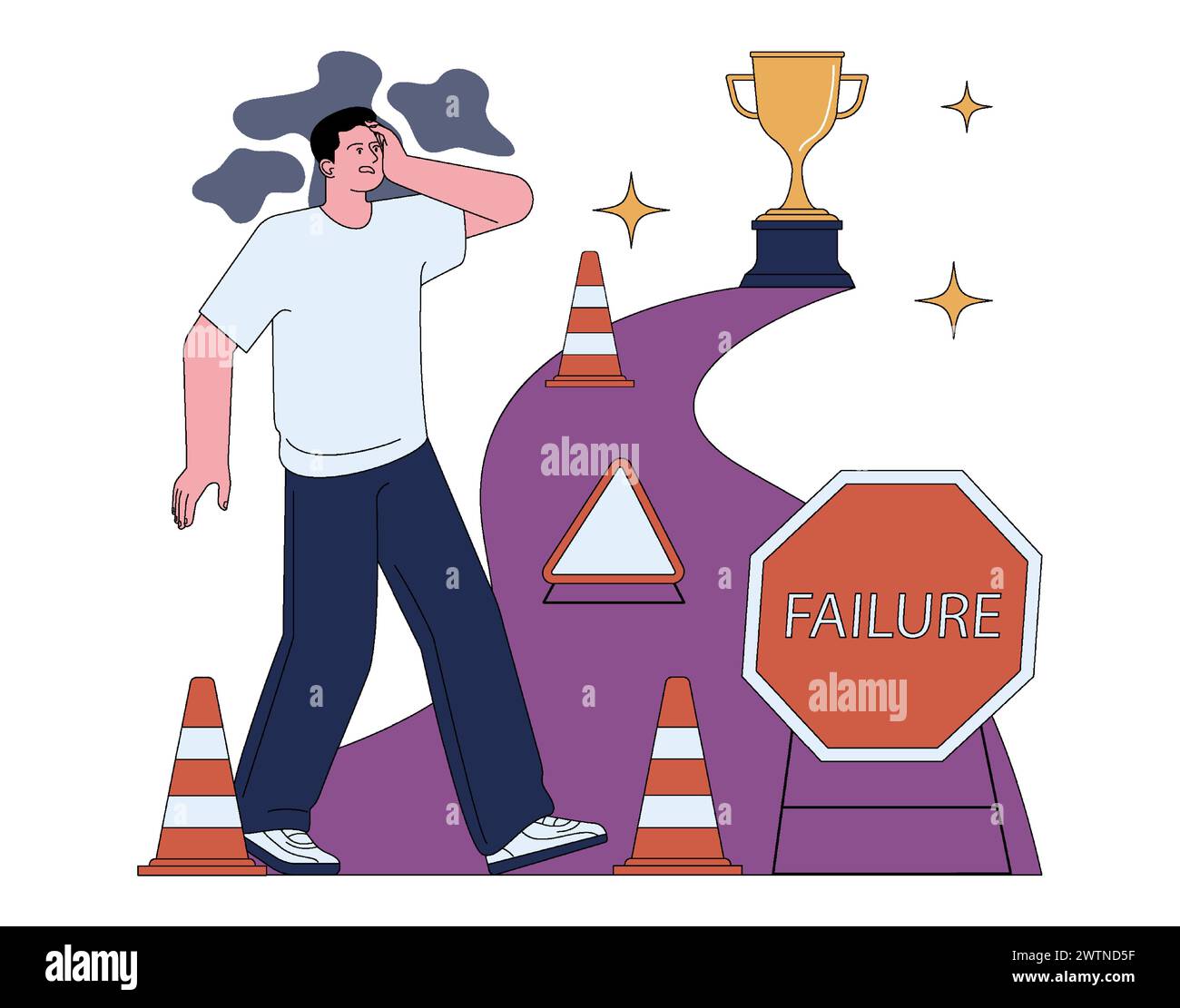 Fear of failure. Insecure anxious man stuck on the path to success ...