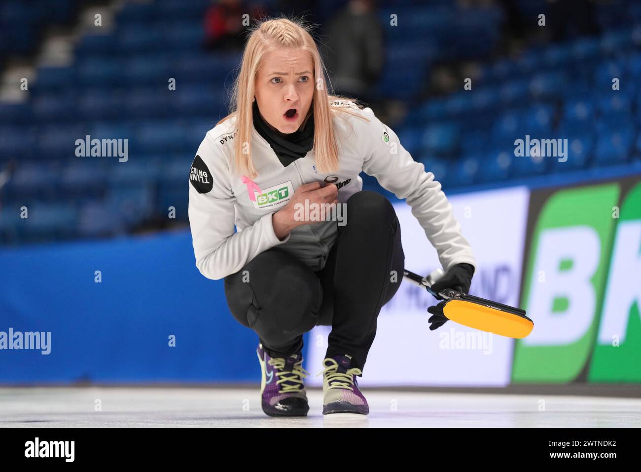 Estonia skip Liisa Turmann directs the line of a stone against New ...