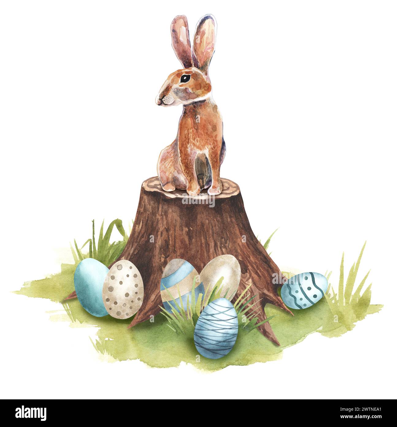 Bunny on the tree stump. Hand drawn illustration. Cute bunny sitting on ...