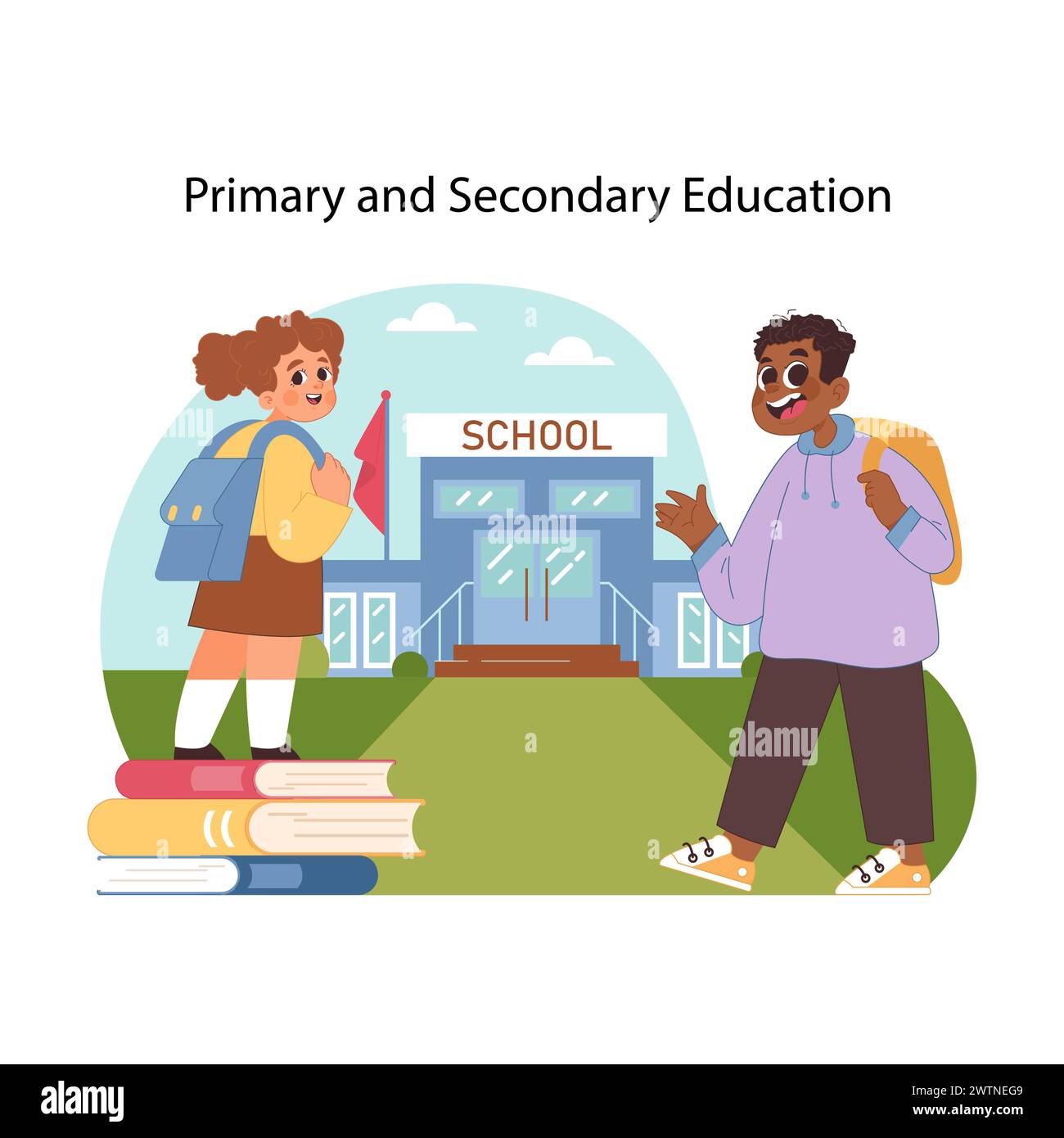 Foundational education concept. Cheerful young students with backpacks ...