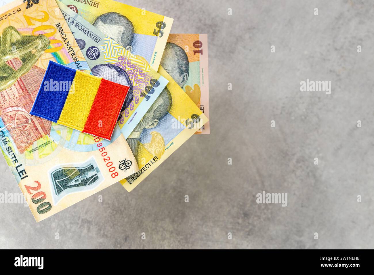 Romania money, gray background, copy space, various Romanian leu ...