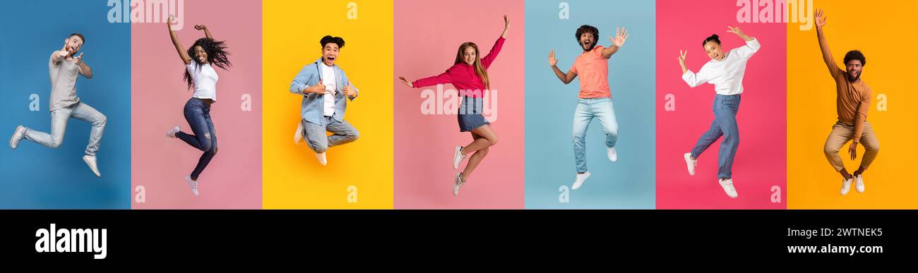 Multiethnic young people wearing casual clothes having fun on colorful ...