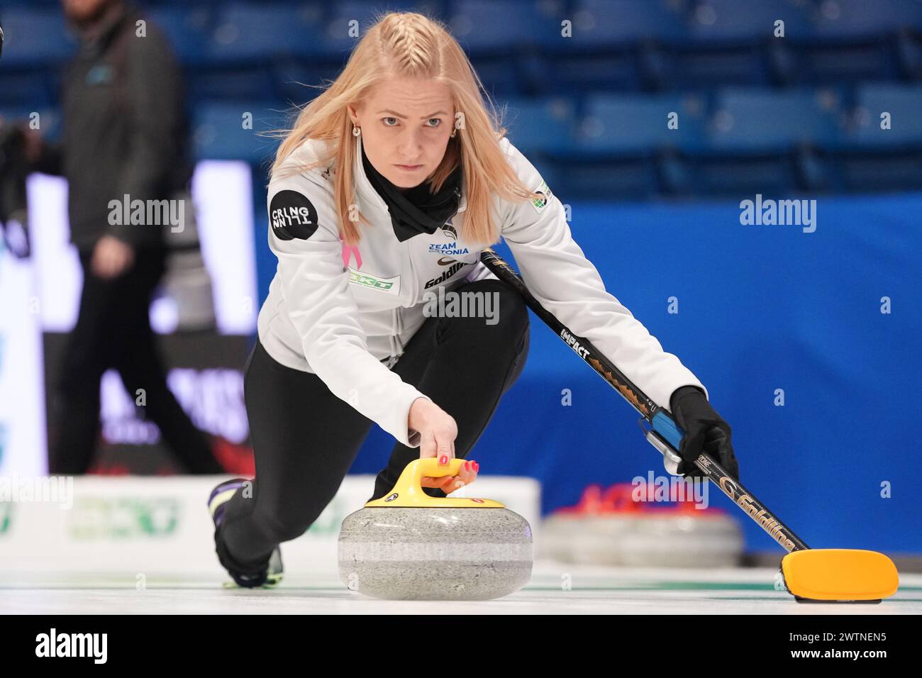Sydney, Canada. 18th Mar, 2024. Estonia's skip Liisa Turmann delivers a ...