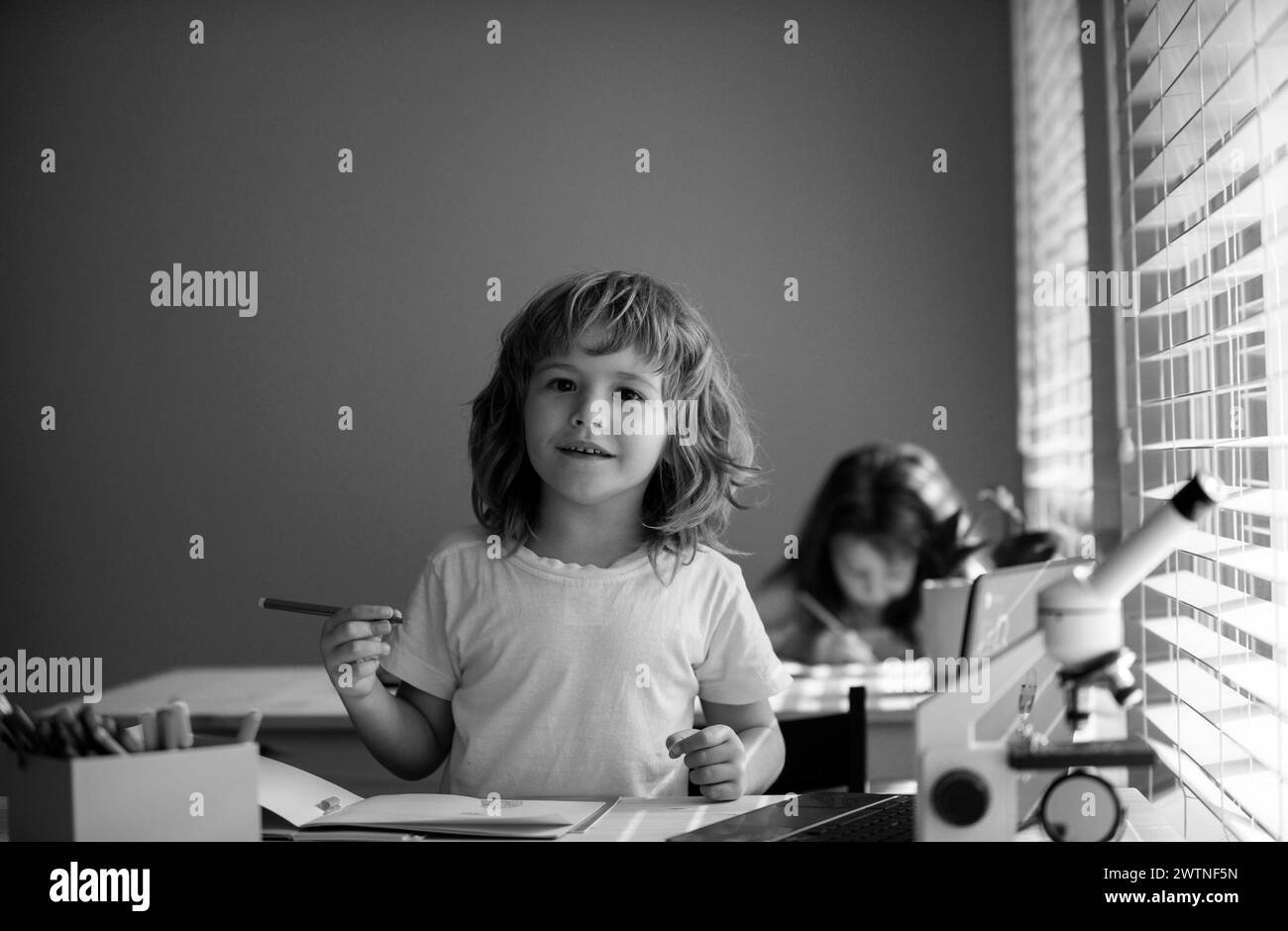 Cute pupil writing at desk in classroom at the elementary school ...