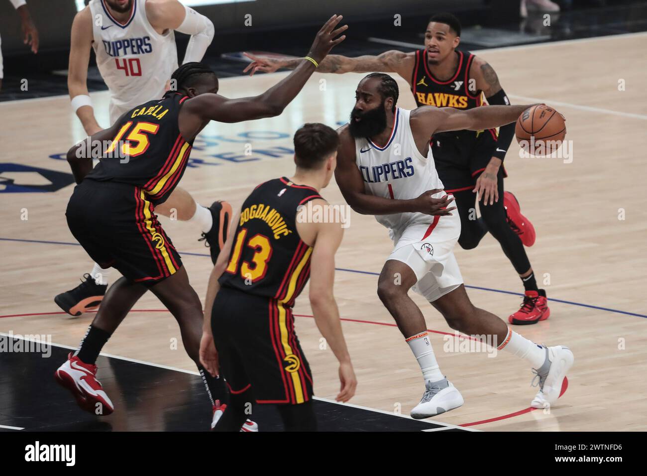 LOS ANGELES, CA - MARCH 17: LA Clippers guard James Harden (1) drives ...