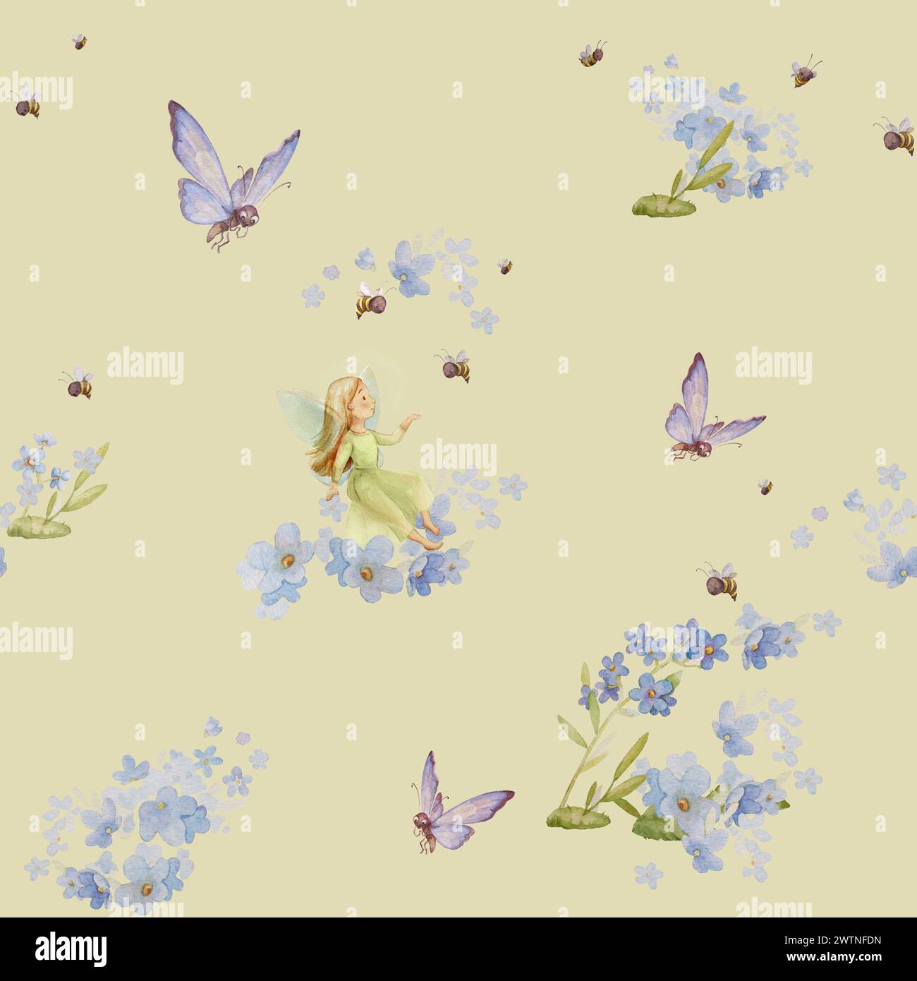 Cute Fairy Seamless Watercolor Pattern. Forget Me Not Patterns Nursery ...
