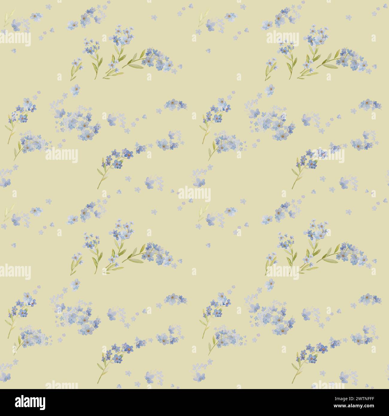 Forget Me Not Seamless Pattern Hand Drawn Watercolor. Green Floral ...