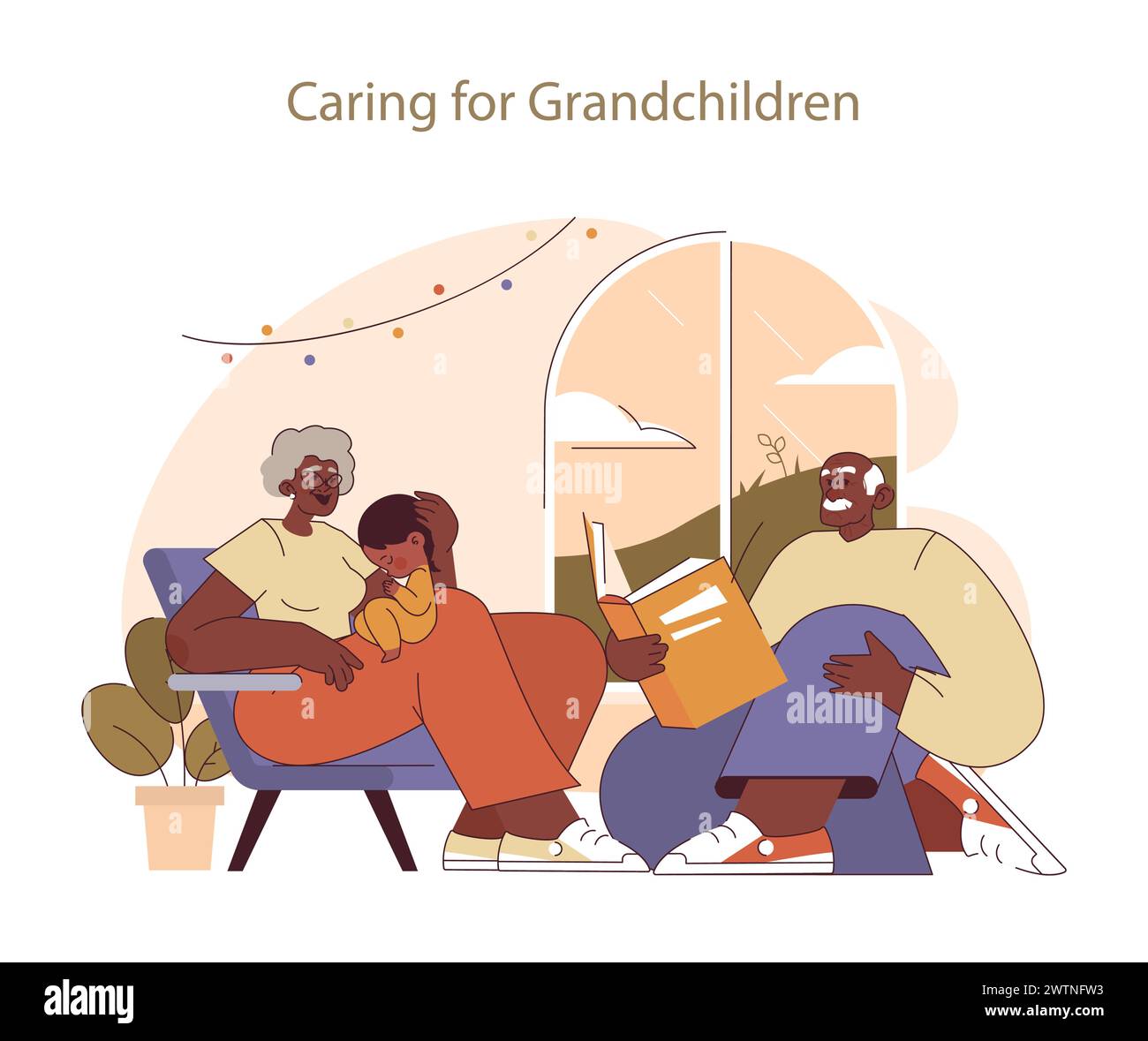 Caring for grandchildren concept. Affectionate grandparents sharing quality time and stories ...