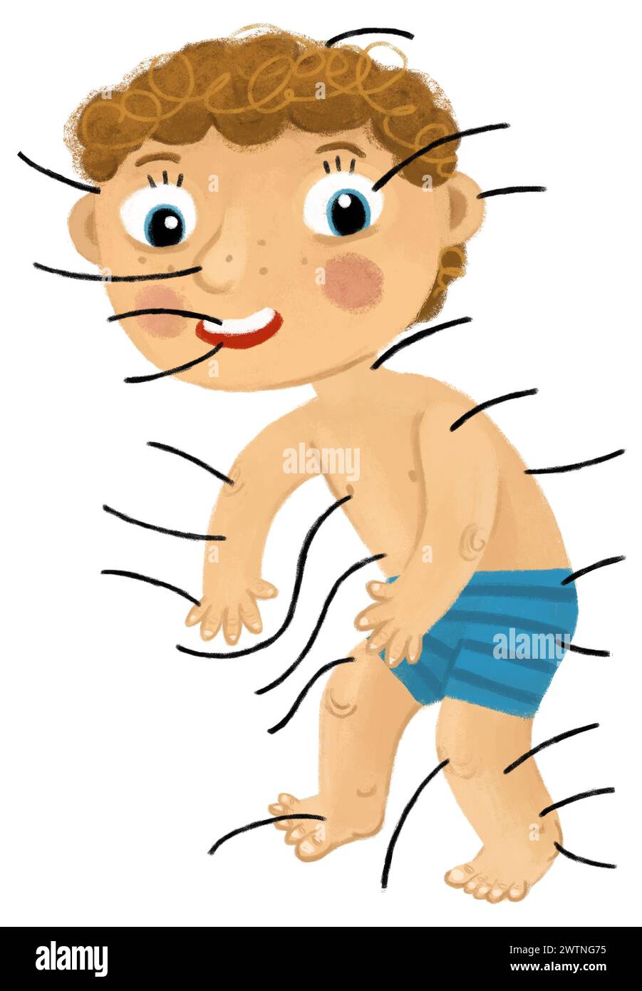 cartoon scene with young boy as anatomy model of body parts on white ...