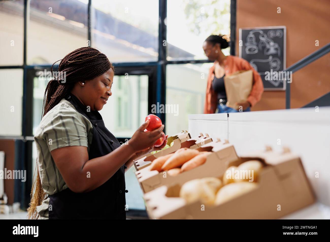 Female storekeeper checking and arranging freshly harvested produce on ...