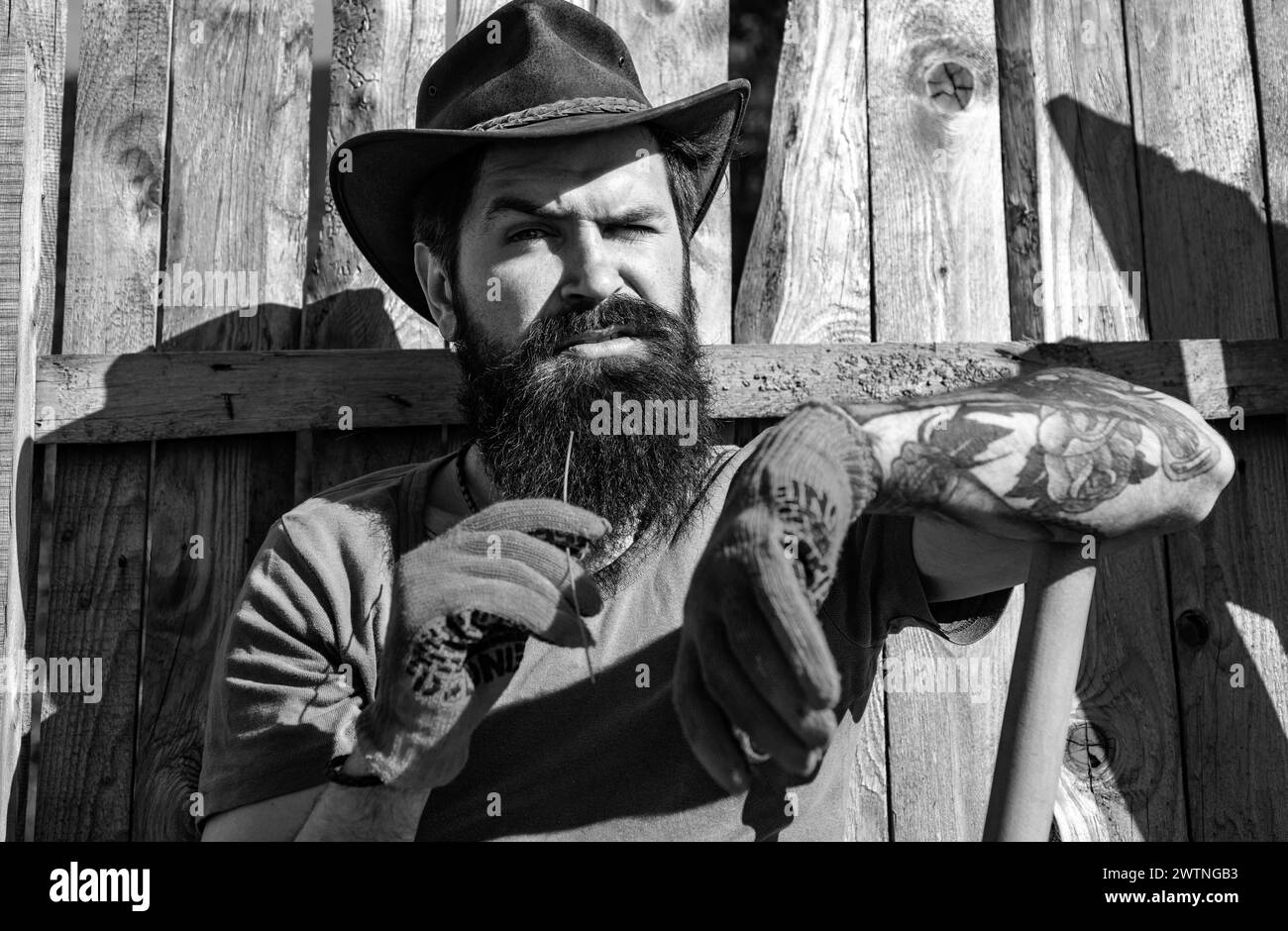 Portrait of Farmer in the farm on countryside background. Farm worker ...