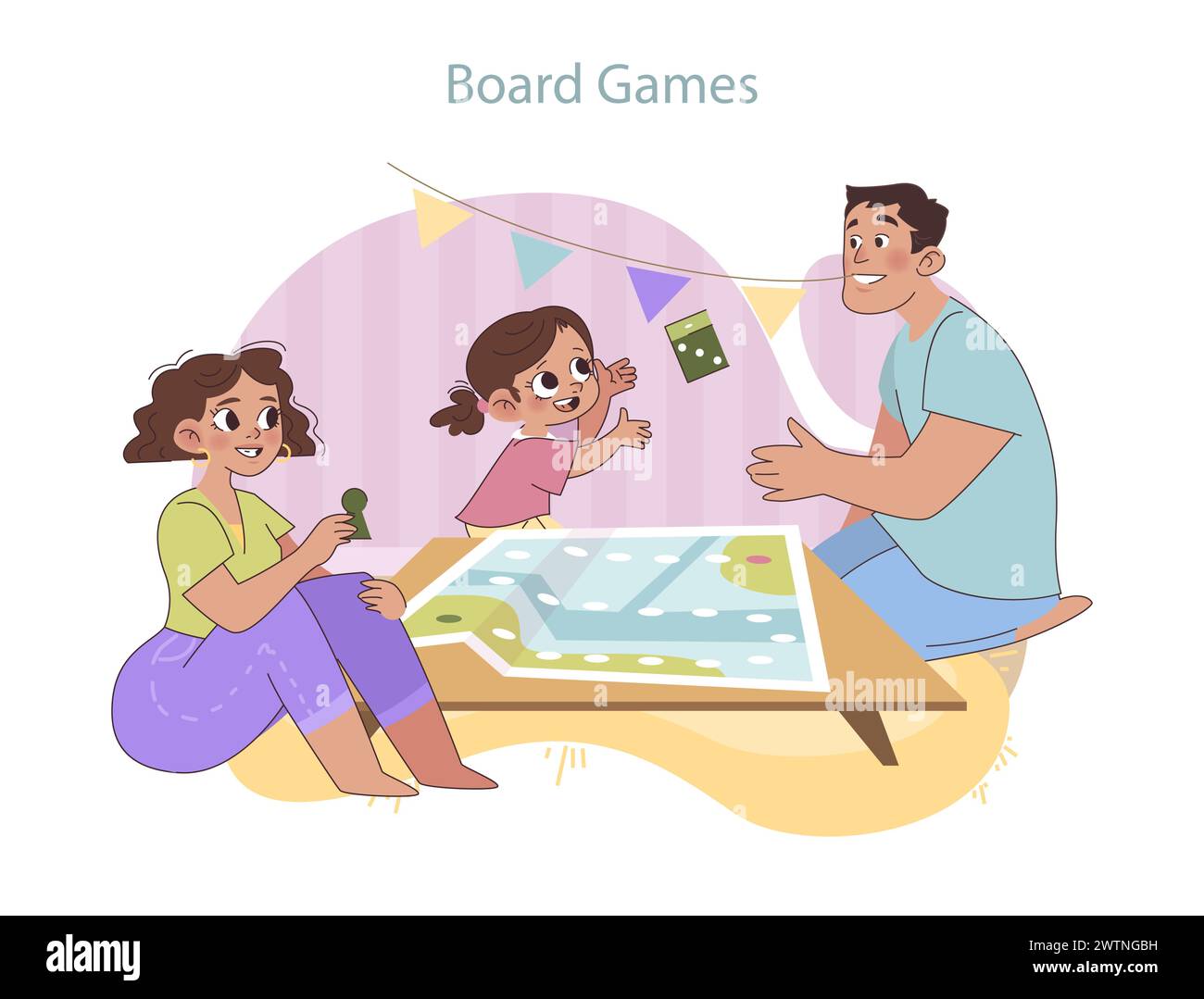 Indoor fun set. A family engages in a strategic board game, sharing ...