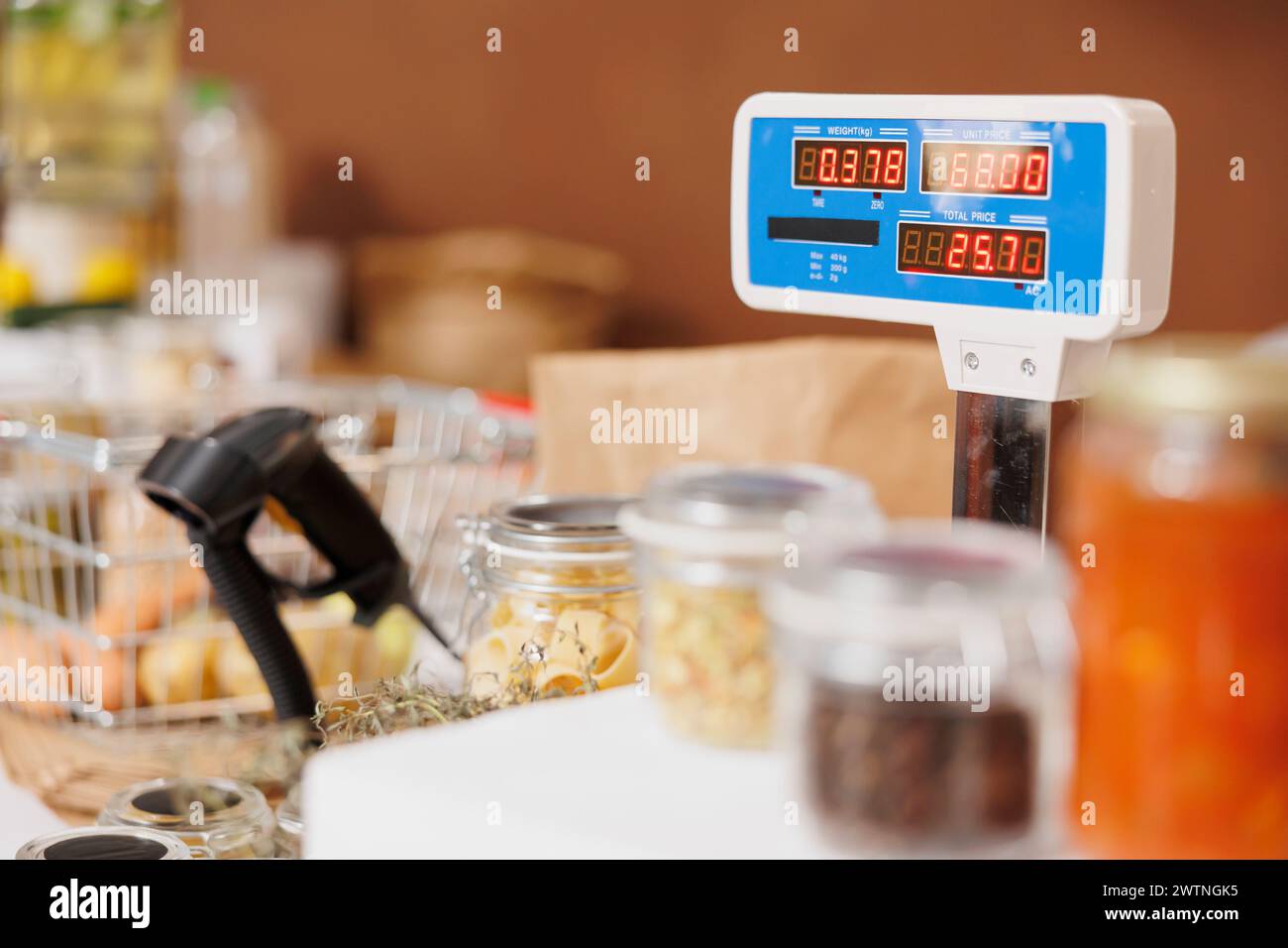 Close up shot of eco friendly checkout counter displaying weighing ...