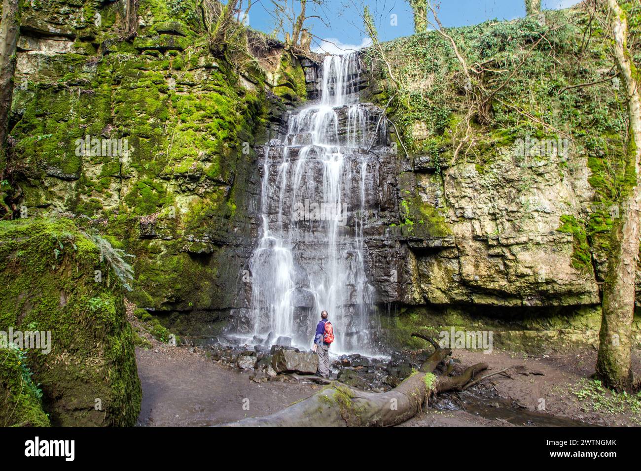 Man person backpacking walking in the English Peak District England ...