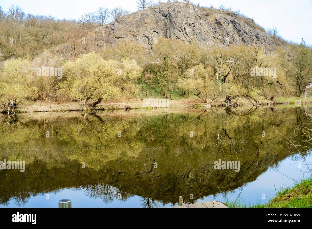 Panoramic view of river with emerald water and boats in the early ...