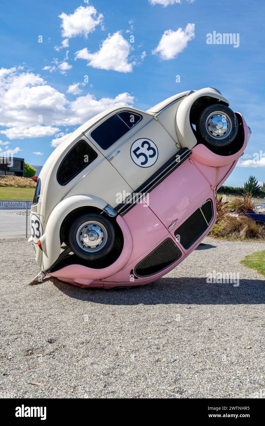 Cromwell, New Zealand- 3 January, 2024: Inverted car, painted pink and ...