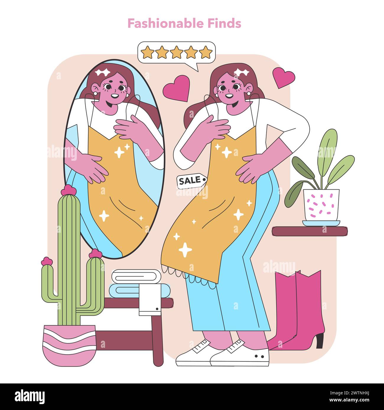 Excitement in eco-fashion. A joyful shopper tries on a chic find at a ...