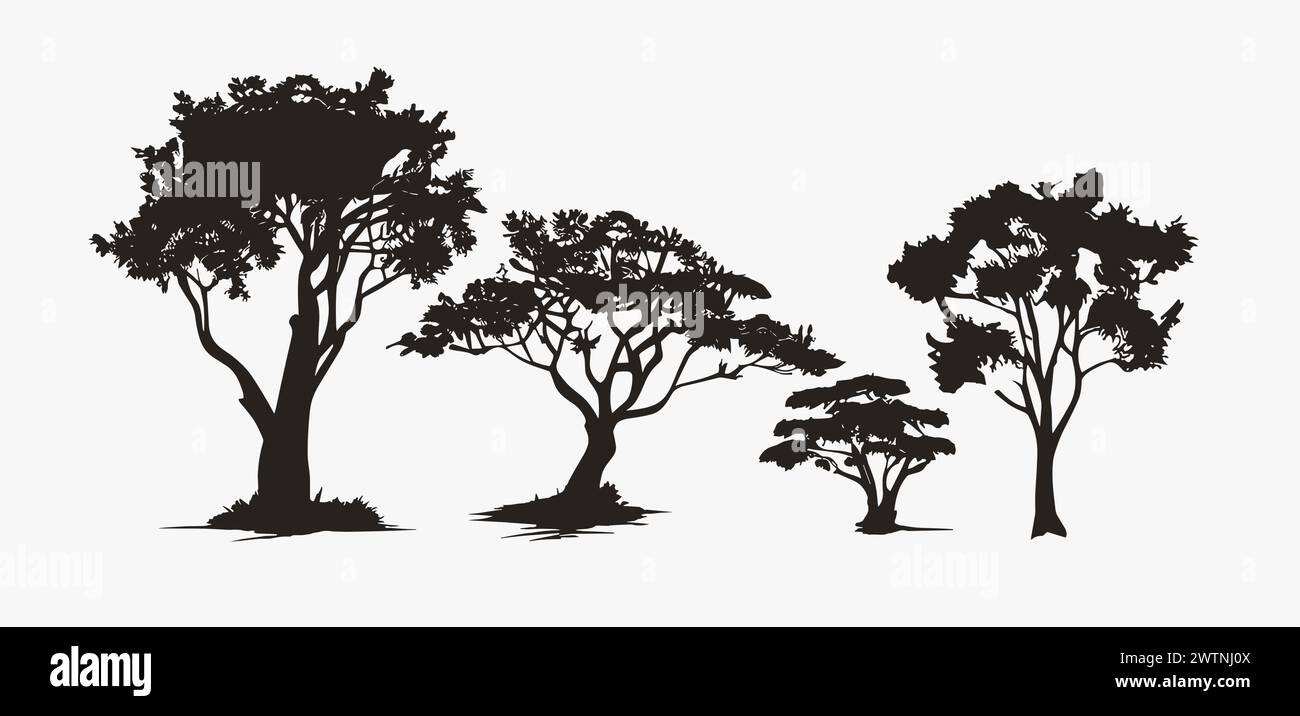 Vector tree black silhouette forest bush landscape background realistic ...
