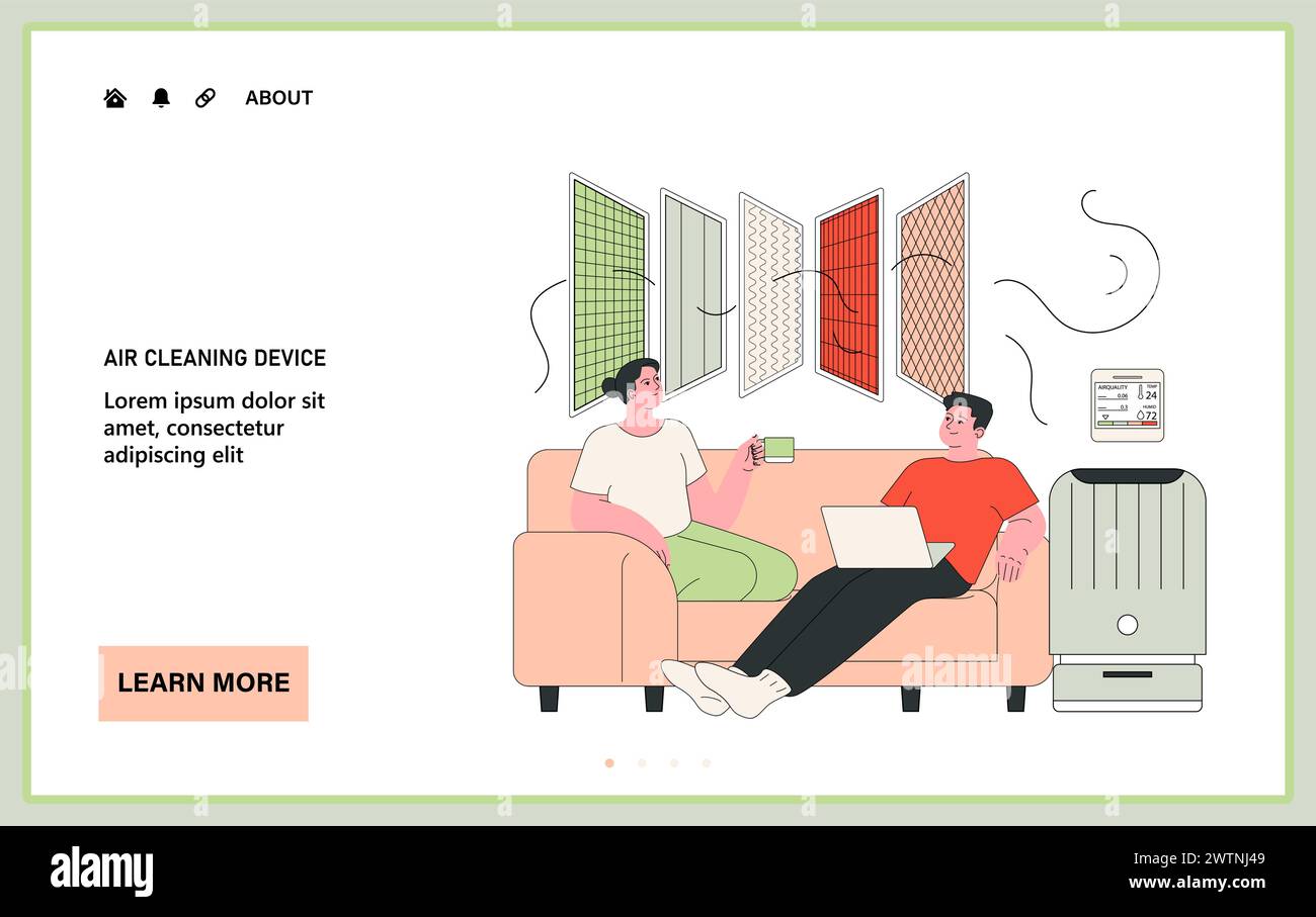 Indoor air quality web or landing. Couple enjoying clean air, relaxing ...