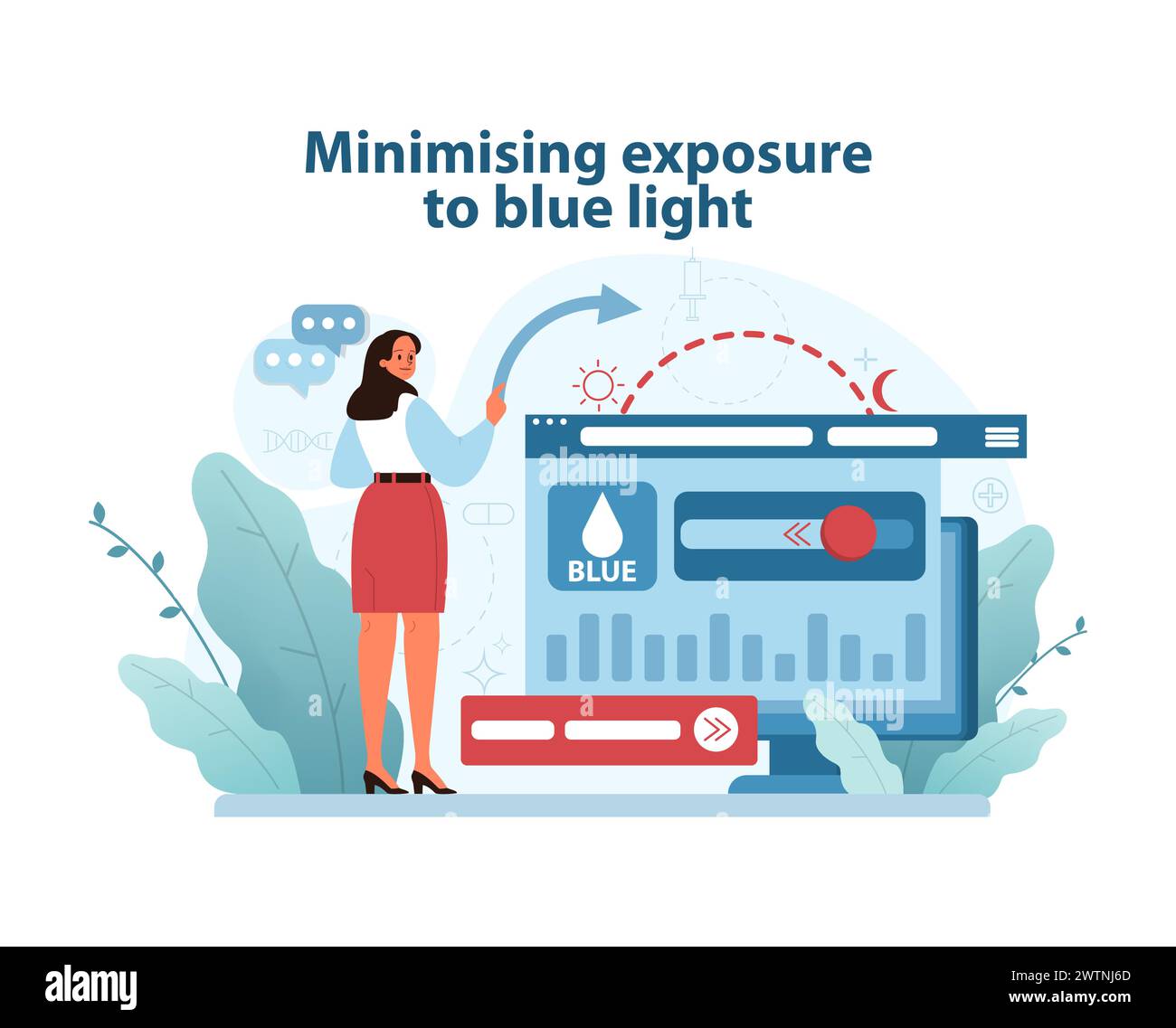 Blue Light Reduction Illustration. A woman interacts with a display highlighting features to ...