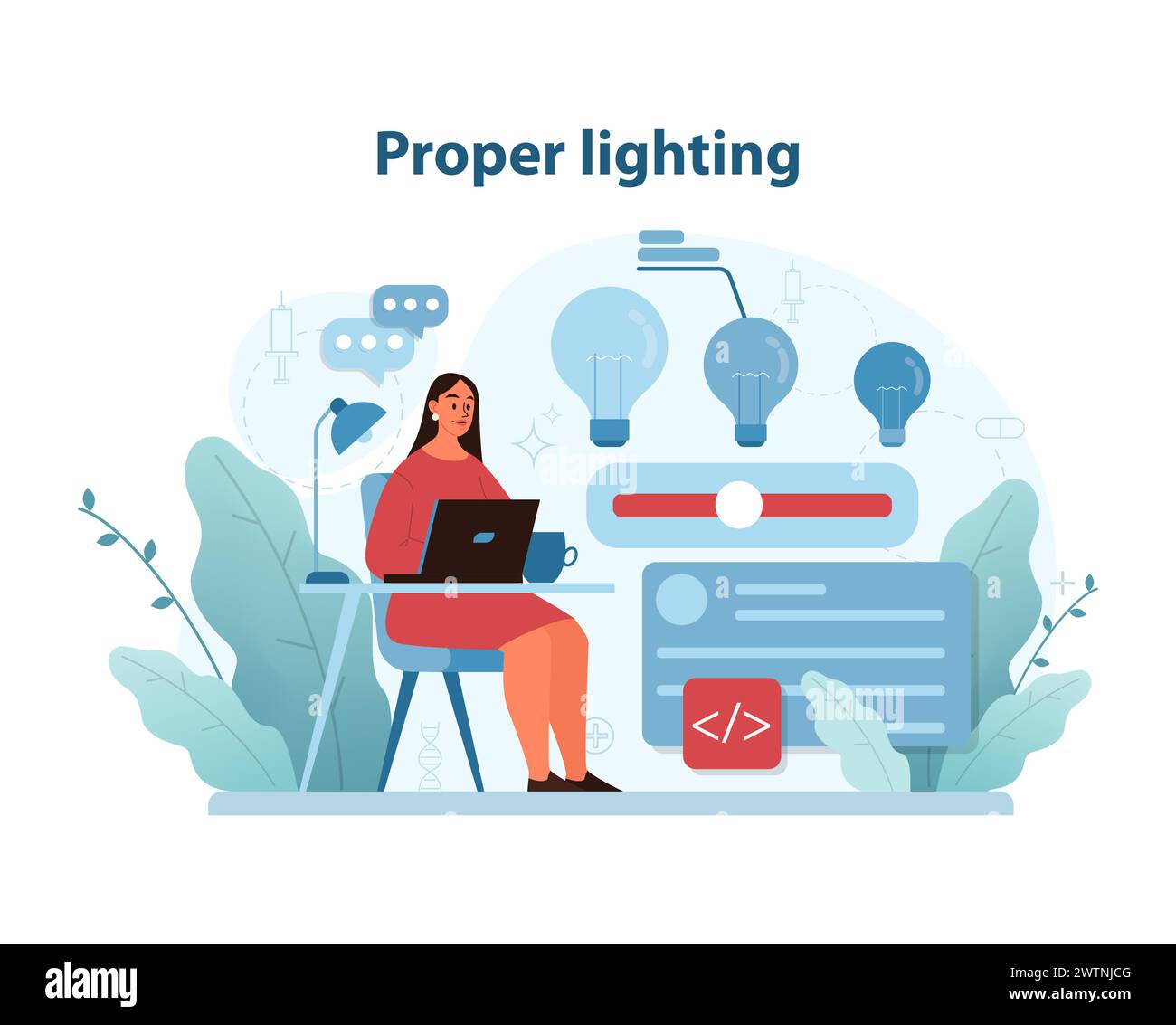 Ergonomic Lighting in Workspaces Illustration. A woman works comfortably at her well-lit desk ...