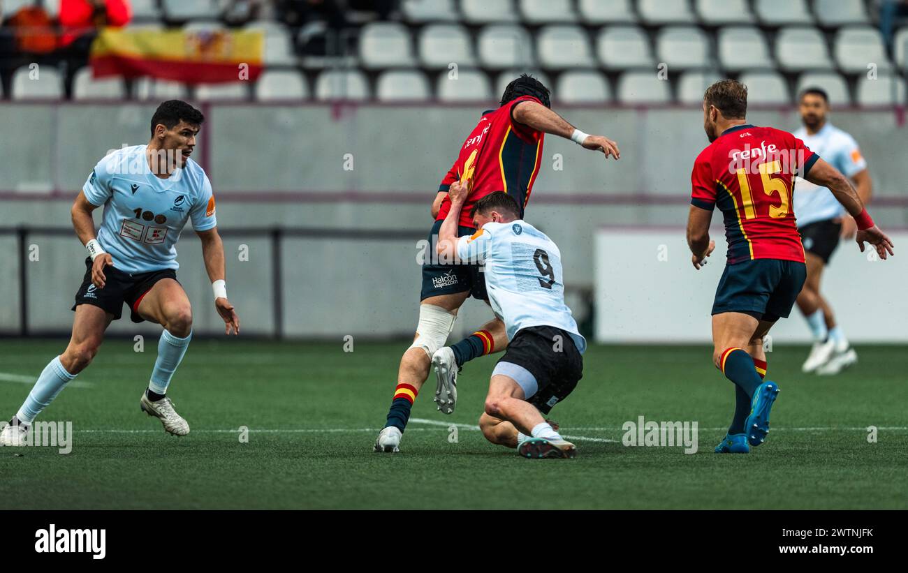 Gabriel RUPANU of Romania and Matthew FOULDS of Spain during the Rugby ...
