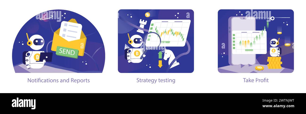 Trading and Crypto Bot suite. Illustrations feature essential trading ...