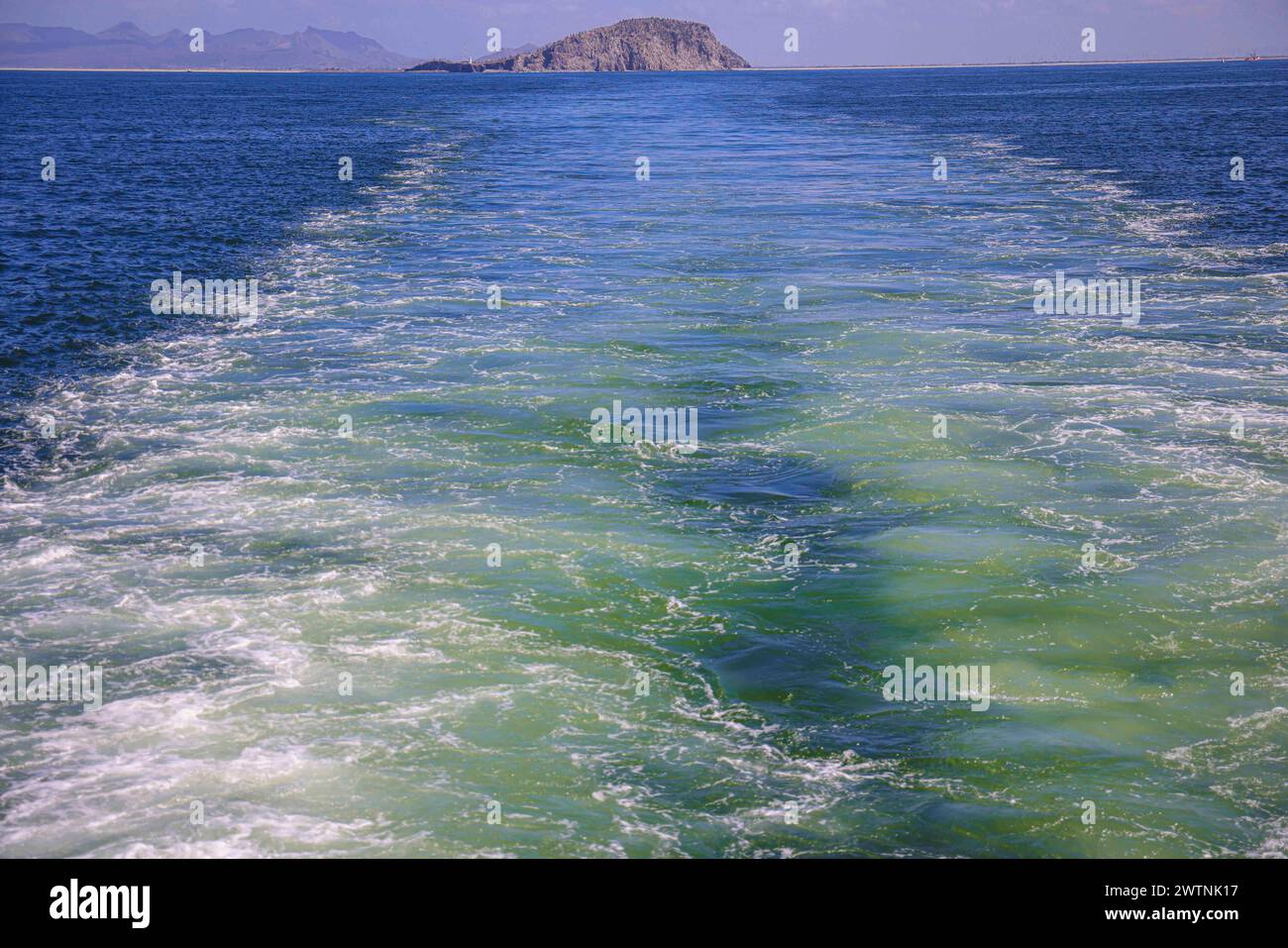 Wake in the sea Behind Big ship, prop wash of a tanker underway in open ...