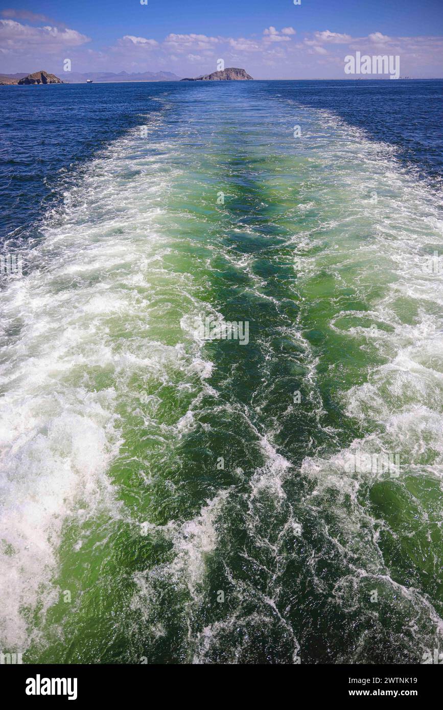 Wake in the sea Behind Big ship, prop wash of a tanker underway in open ...