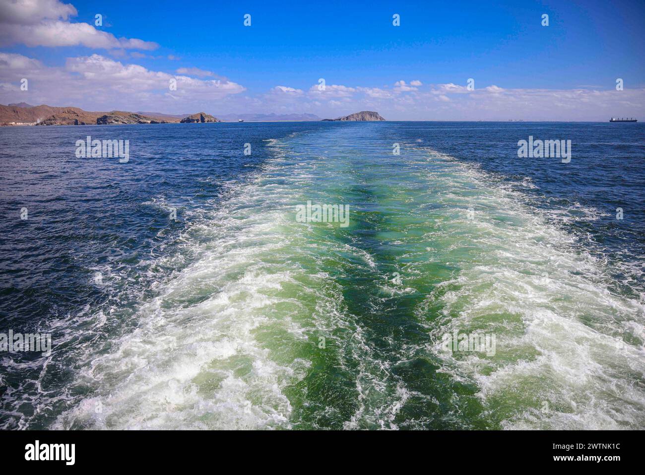 Wake in the sea Behind Big ship, prop wash of a tanker underway in open ...