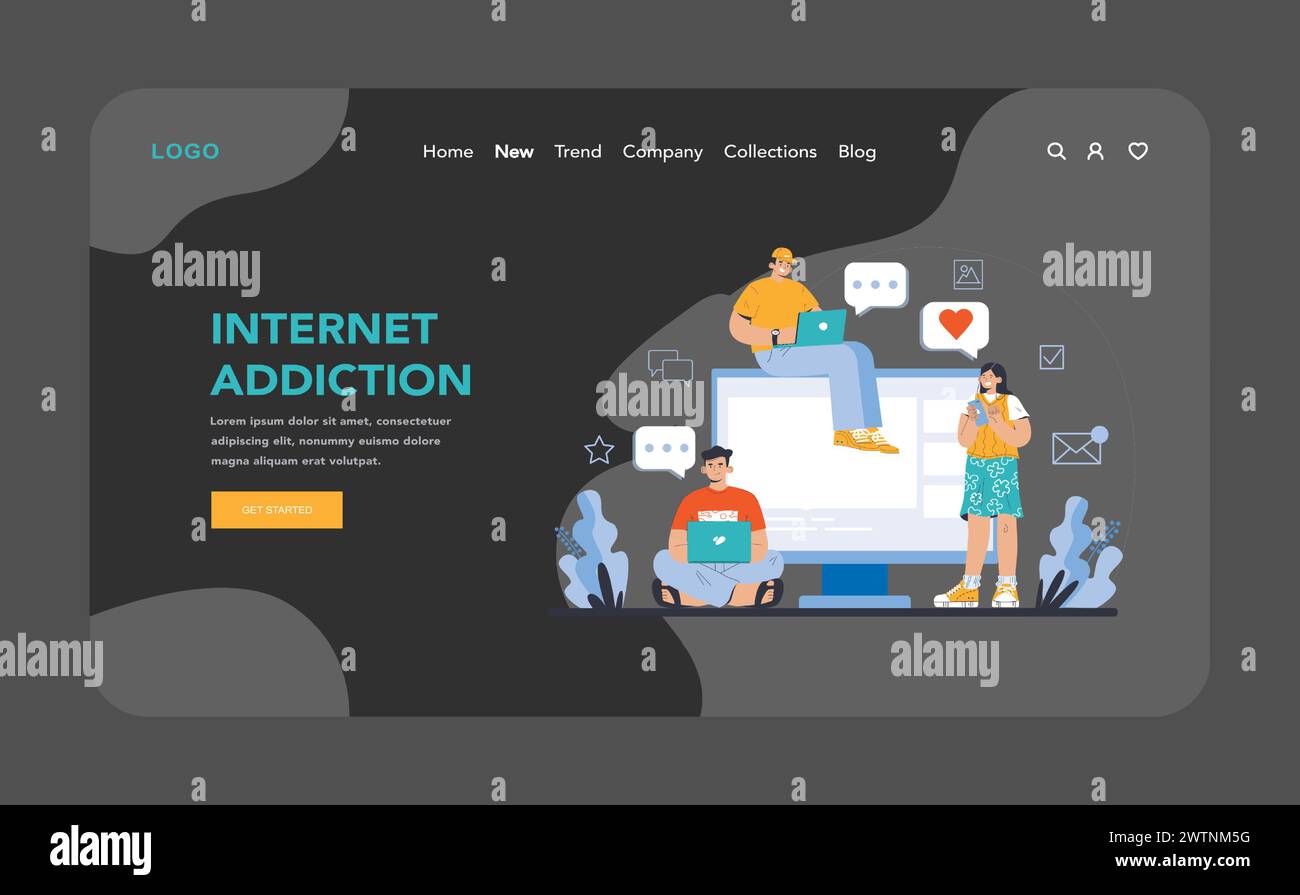 Internet addiction night or dark mode web or landing page. A colorful ...