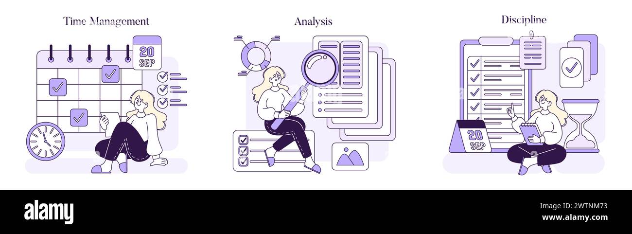 Time Management, Analysis, Discipline set. Illustrates meticulous ...