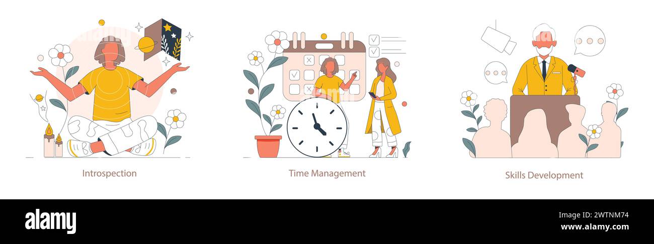 Personal Development Coach set. Vivid illustrations depicting ...