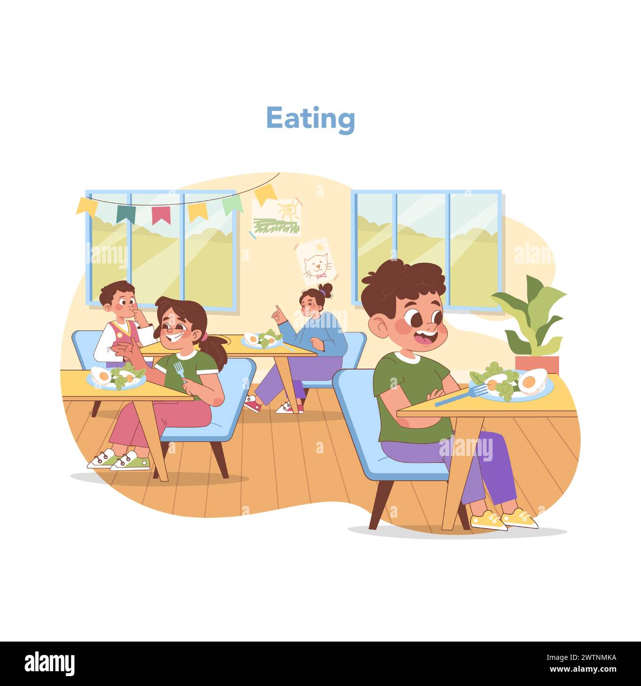 Kindergarten mealtime. Cheerful children enjoy nutritious lunches ...