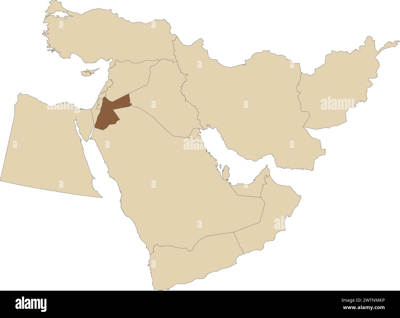 Dark brown map of JORDAN inside light brown map of the Middle East ...